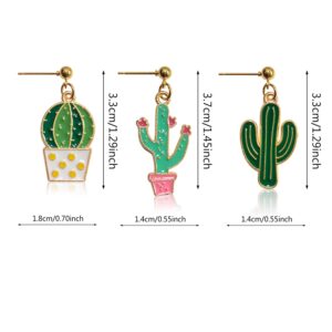 WUWEIJIAJIA 3 Pairs Unique Handmade Lightweight Funny Green Enamel Plant Cactus Dangle Drop Earrings Sets for Women Sweet Creative Potted Plant Stud Earrings (3 Pairs)