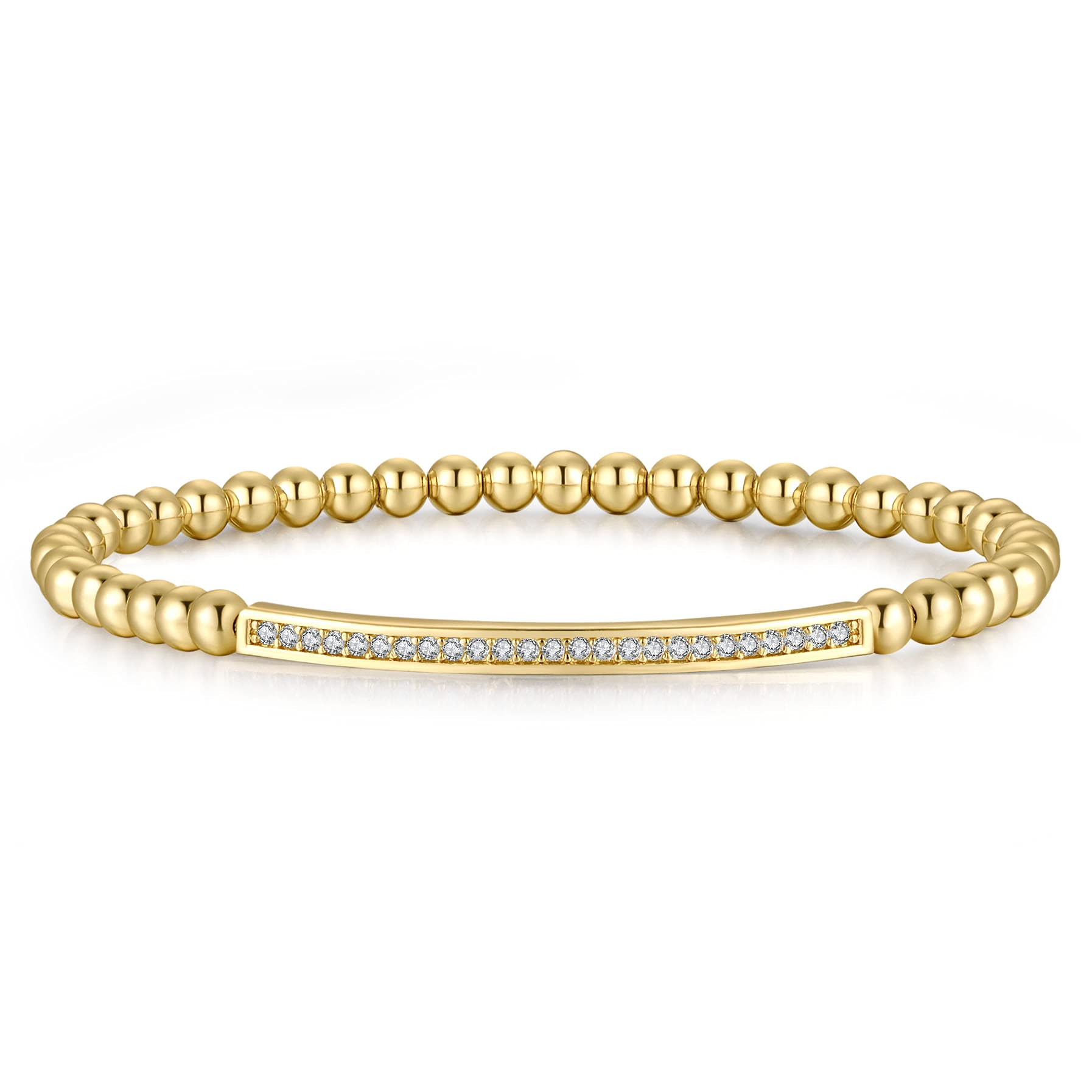 NUZON Gold Beaded Stretch Bracelets for Women 18K Gold Plated 4mm Round Ball Cubic Zirconia Curved Bar Elastic Bracelet Handmade Minimalist Jewelry