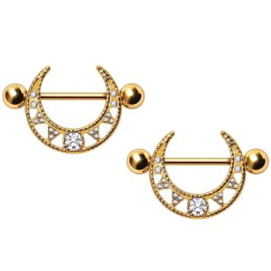 pierced owl 14ga gold plated stainless steel jeweled tribal crescent moon nipple shields, sold as a pair