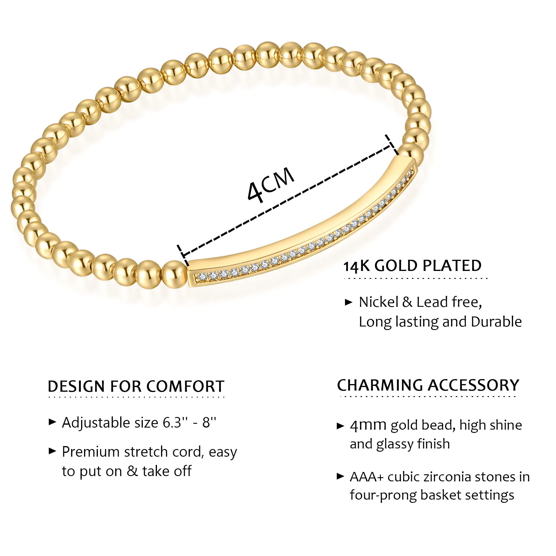 NUZON Gold Beaded Stretch Bracelets for Women 18K Gold Plated 4mm Round Ball Cubic Zirconia Curved Bar Elastic Bracelet Handmade Minimalist Jewelry