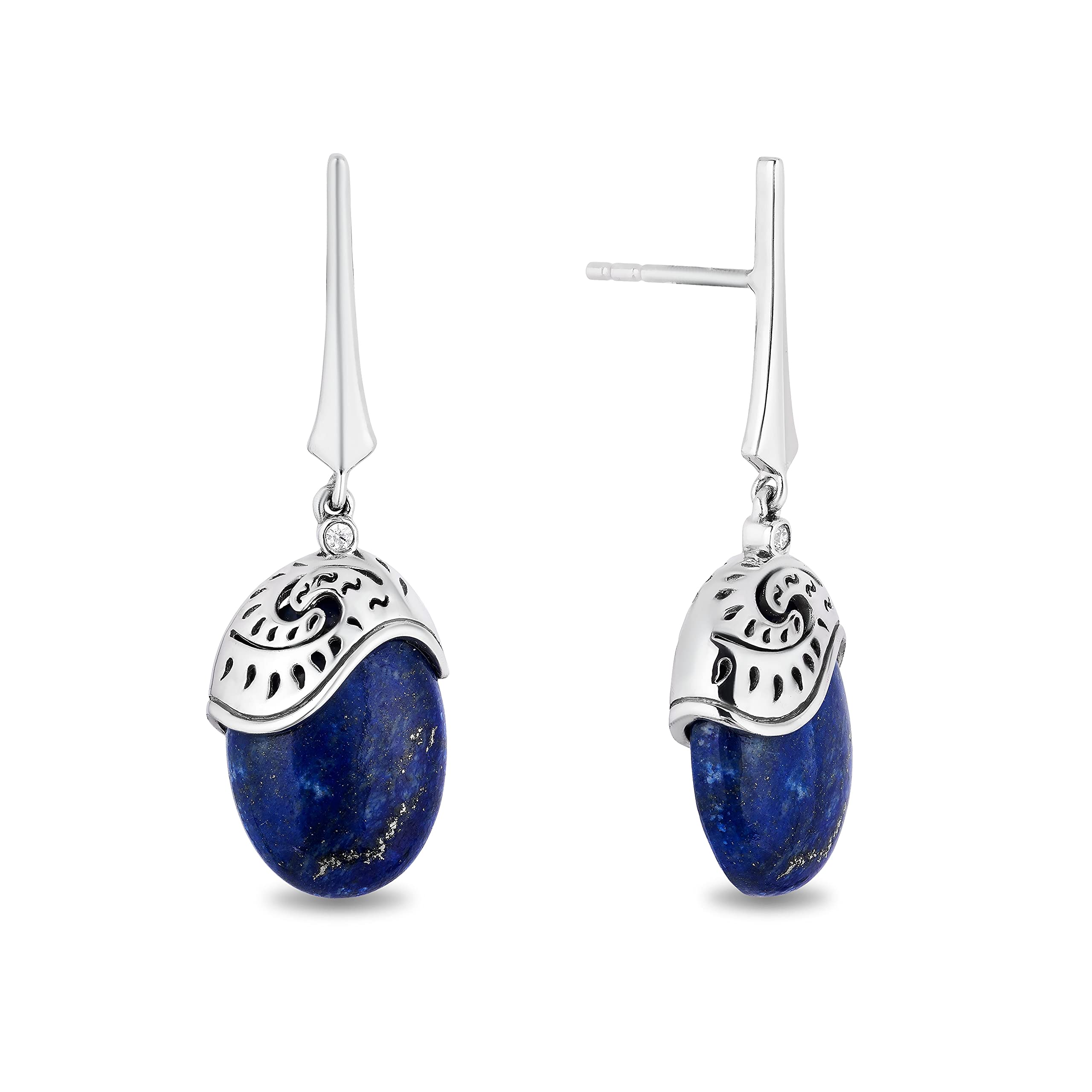 Jewelili Enchanted Disney Fine Jewelry Sterling Silver 14x10 MM Cabochon Oval Lapis and Natural White Round Diamond Accent Moana Dangle Earrings