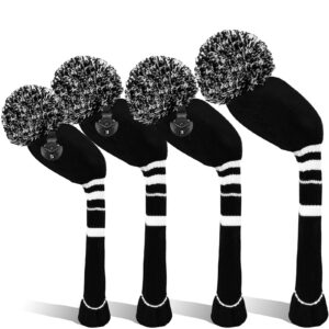 golf head covers pom pom for woods driver hybrids fairway pack, vintage knit 1 3 4 5 7 x headcovers pattern usa flag eagle for main wood clubs (black&white-4pcs(d+f+f+h))