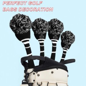 Golf Head Covers Pom Pom for Woods Driver Hybrids Fairway Pack, Vintage Knit 1 3 4 5 7 X Headcovers Pattern USA Flag Eagle for Main Wood Clubs (Black&White-4pcs(D+F+F+H))