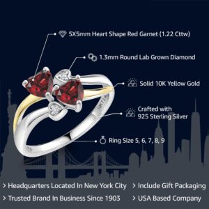 Gem Stone King 925 Silver and 10K Yellow Gold Red Garnet and White Lab Grown Diamond Ring For Women (1.22 Cttw, January Birthstone, Heart Shape 5MM, Size 7)