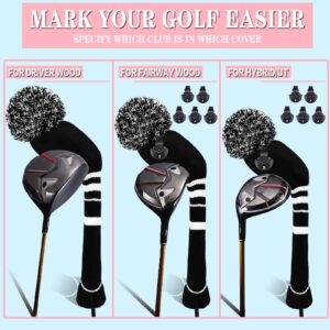 Golf Head Covers Pom Pom for Woods Driver Hybrids Fairway Pack, Vintage Knit 1 3 4 5 7 X Headcovers Pattern USA Flag Eagle for Main Wood Clubs (Black&White-4pcs(D+F+F+H))