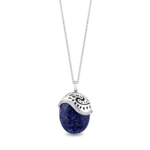 jewelili enchanted disney fine jewelry sterling silver 20x16 mm cabochon oval lapis and 1/20 cttw natural white round diamonds moana pendant necklace 18" cable chain