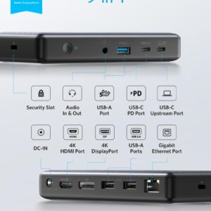 Anker USB C Docking Station, PowerExpand 9-in-1 PD Dock, 60W Charging for Laptop, 20W Power Delivery, 4K HDMI and DisplayPort, USB 3.0 and USB 2.0 Data, Gigabit Ethernet, 3.5 mm Audio