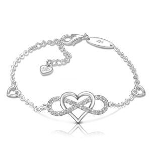 eleganzia infinity heart bracelet for women sterling silver, tiny heart charm chain bracelet friendship jewelry