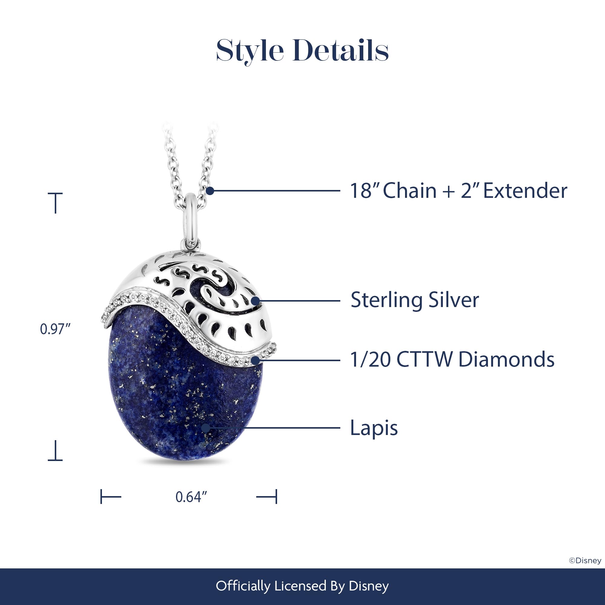 Jewelili Enchanted Disney Fine Jewelry Sterling Silver 20x16 MM Cabochon Oval Lapis and 1/20 Cttw Natural White Round Diamonds Moana Pendant Necklace 18" Cable Chain