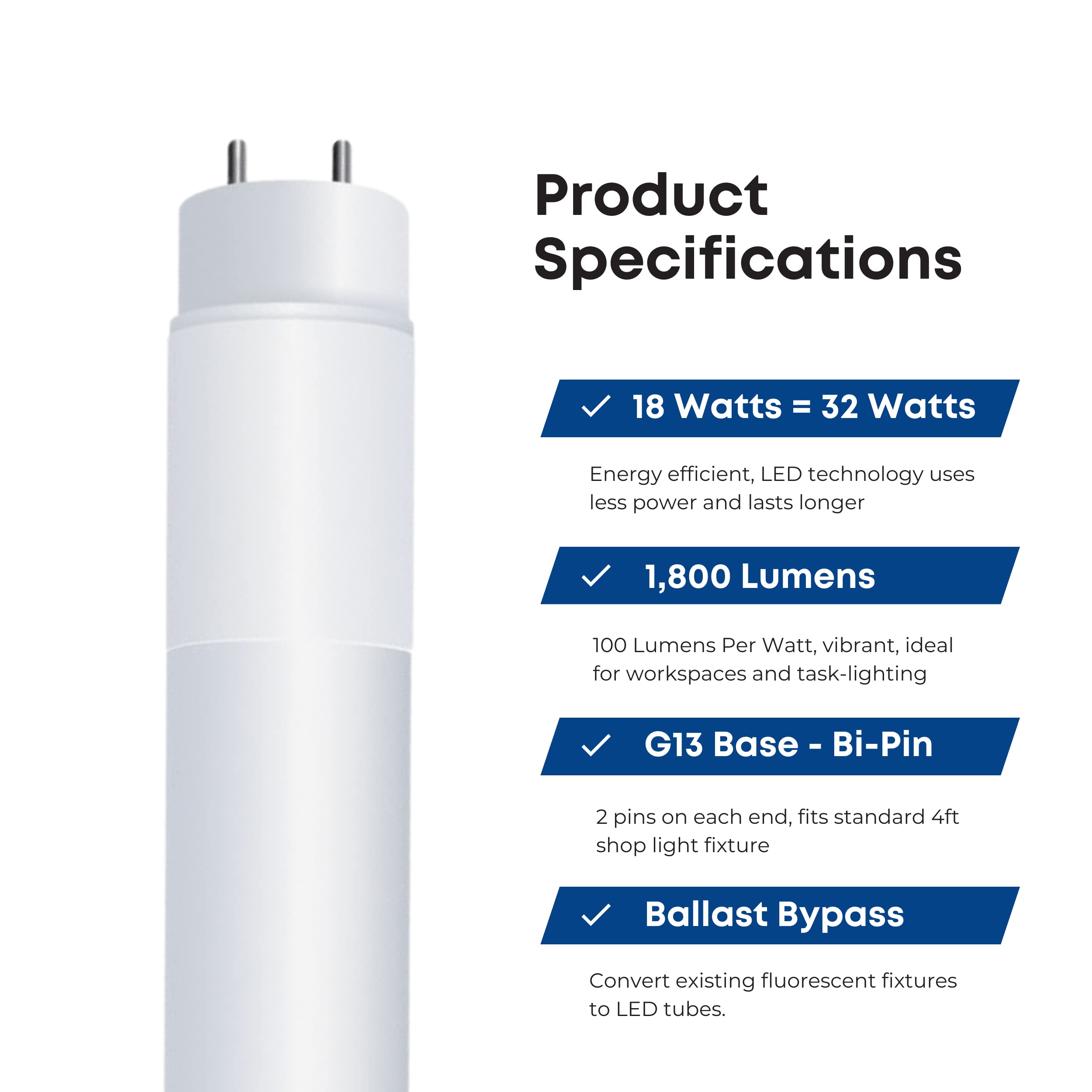 Feit Electric T848/850/B/LED/2/5 4FT T8 LED Tube Light, Type B Ballast Bypass, Ballast Removal Required, 18W=32W, 5000K Daylight, Double-End Powered, F32T8 Fluorescent Tube Replacement, UL, Pack of 10