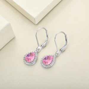 YL Women's Dangle Drop Earrings Sterling Silver Solitaire Leverback Earrings Halo Teardrop Created Pink Tourmaline Jewelry Gifts