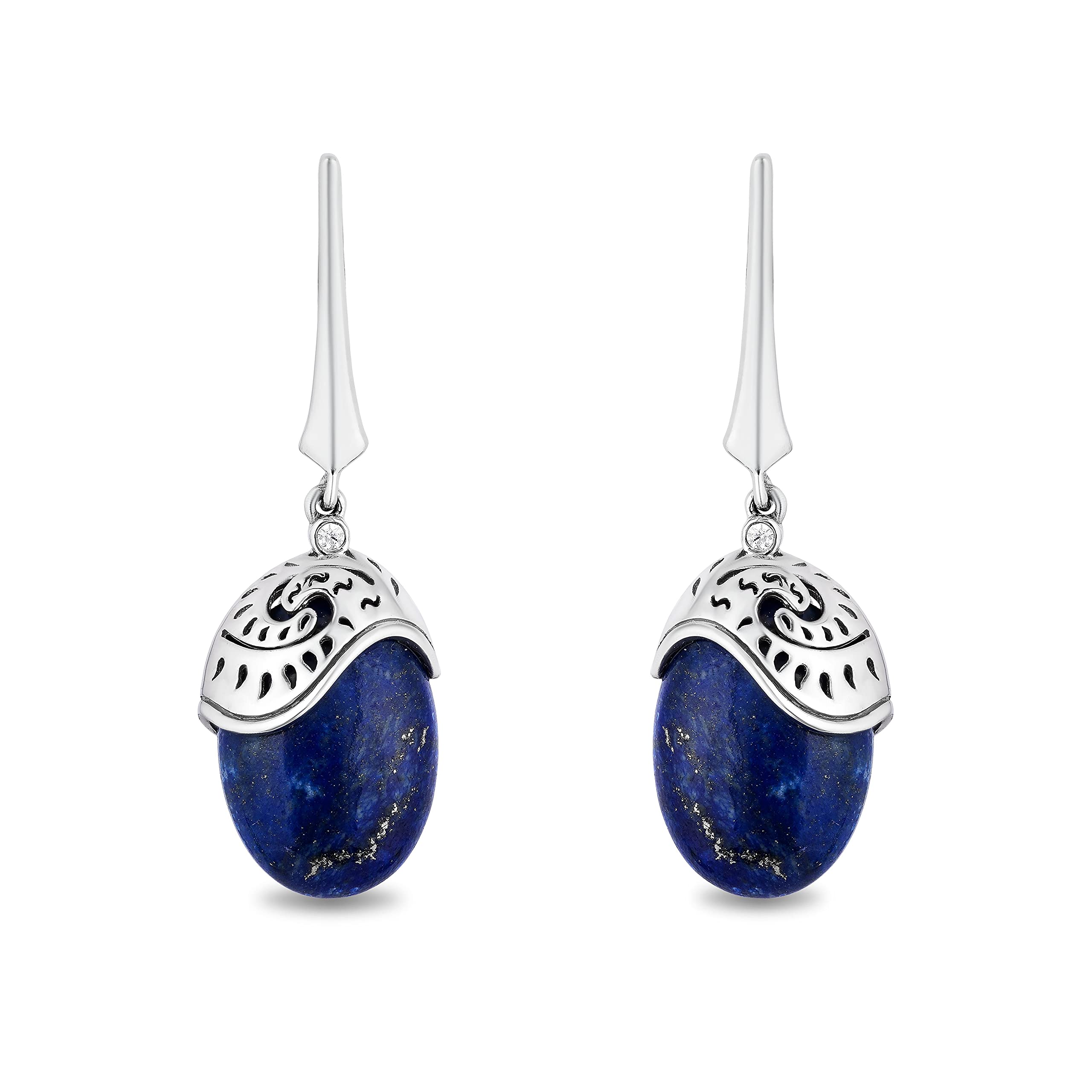 Jewelili Enchanted Disney Fine Jewelry Sterling Silver 14x10 MM Cabochon Oval Lapis and Natural White Round Diamond Accent Moana Dangle Earrings