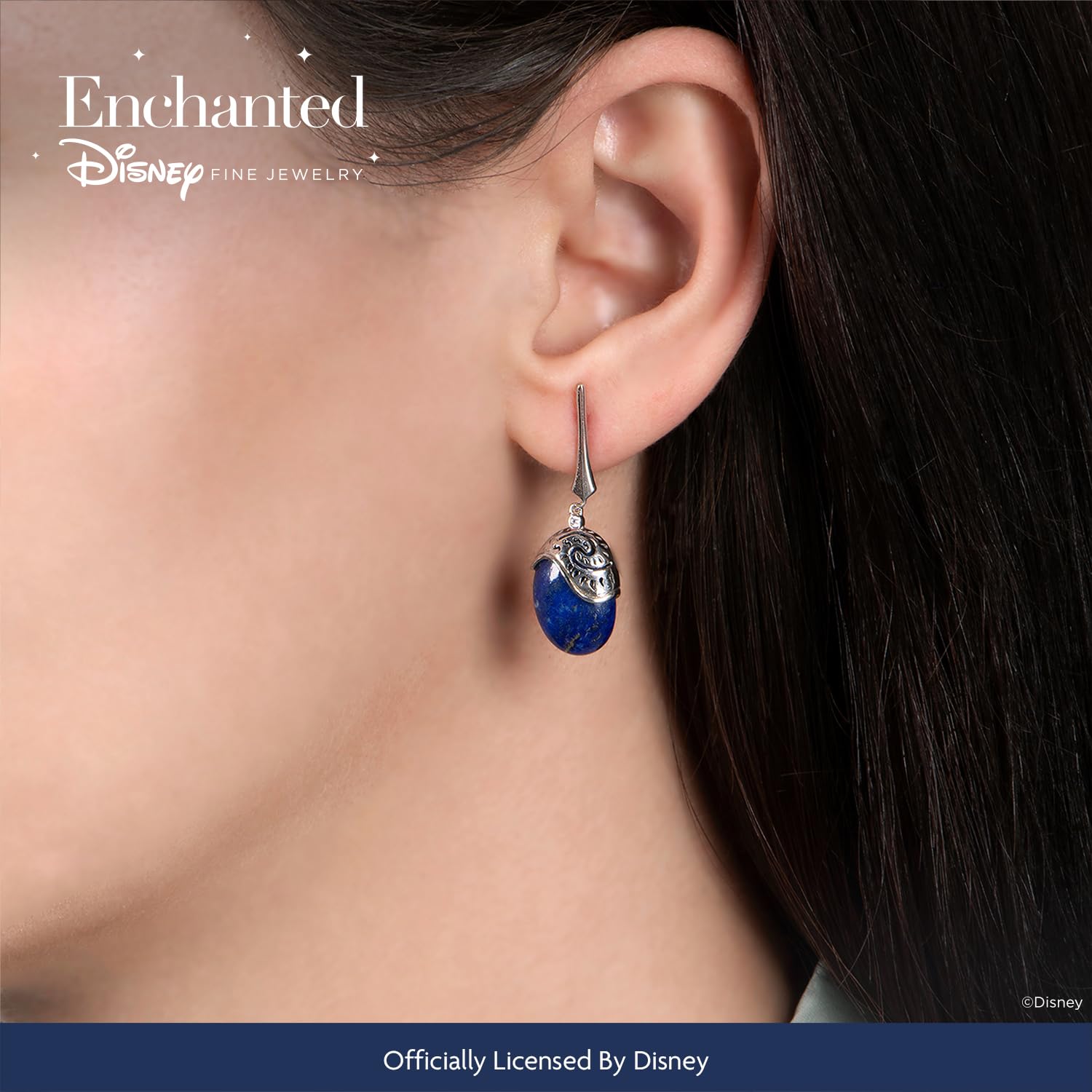 Jewelili Enchanted Disney Fine Jewelry Sterling Silver 14x10 MM Cabochon Oval Lapis and Natural White Round Diamond Accent Moana Dangle Earrings