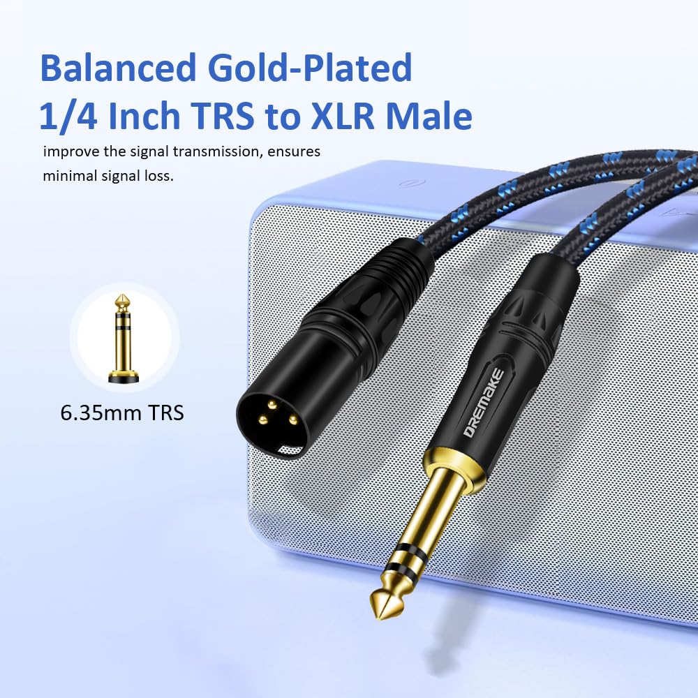 DREMAKE XLR to 1/4 Inch TRS Mic Audio Cable, 10FT XLR 3 Pin Male to Quarter Inch 6.35mm/6.5mm TRS Male Balanced Interconnect Patch Cord for Electric Drum, Saxophone, Effect Pedal, AMP, Power Amplifier