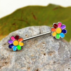 Pierced Owl 14GA Stainless Steel Rainbow Flower Nipple Barbells, Sold as a Pair