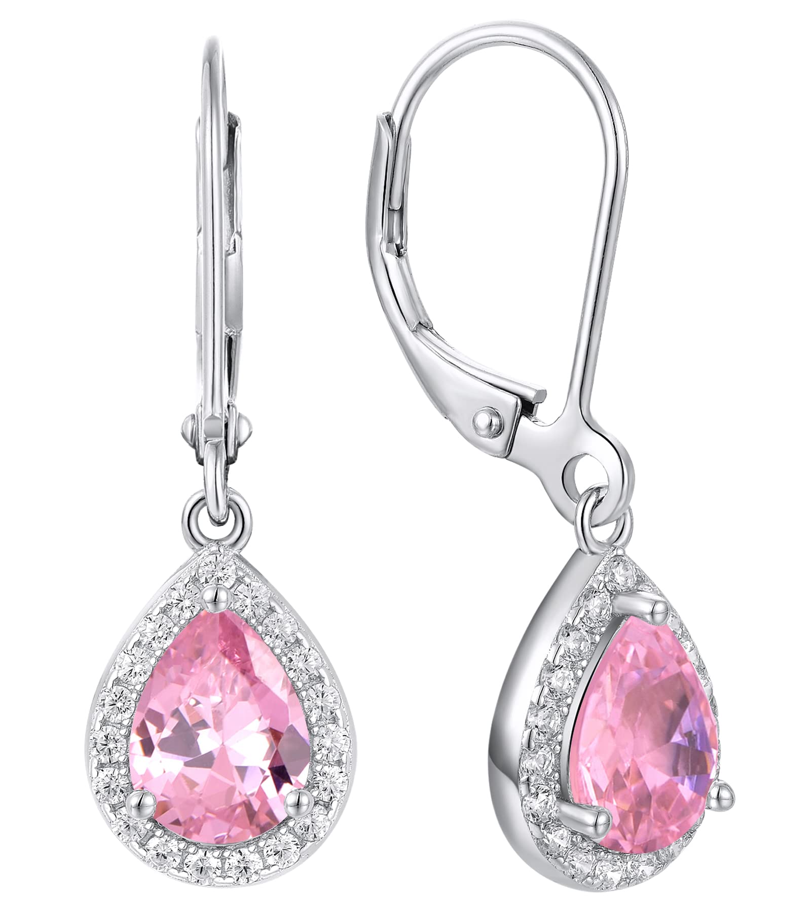 YL Women's Dangle Drop Earrings Sterling Silver Solitaire Leverback Earrings Halo Teardrop Created Pink Tourmaline Jewelry Gifts