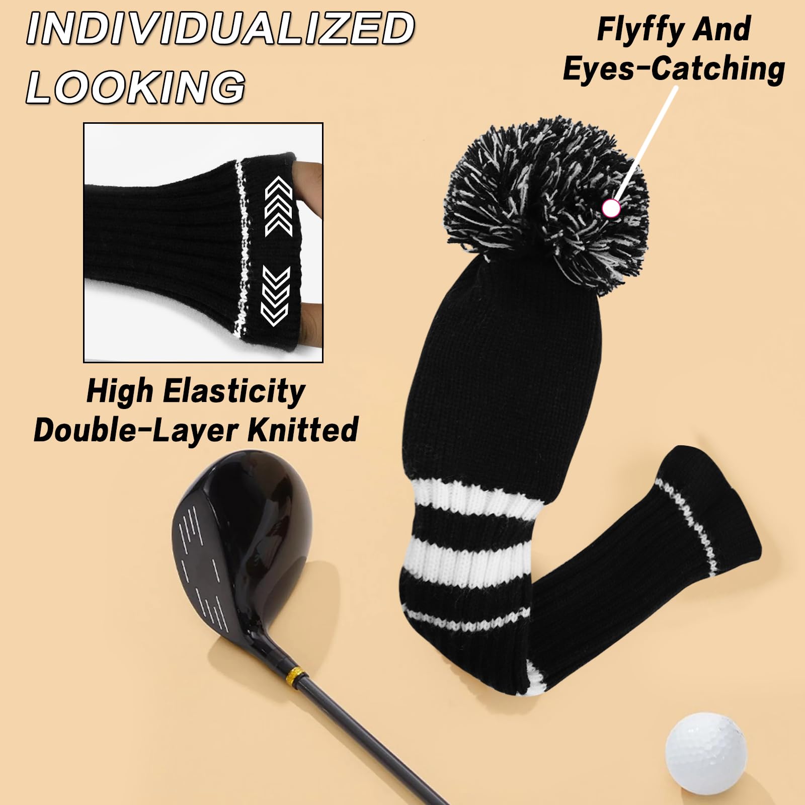 Golf Head Covers Pom Pom for Woods Driver Hybrids Fairway Pack, Vintage Knit 1 3 4 5 7 X Headcovers Pattern USA Flag Eagle for Main Wood Clubs (Black&White-4pcs(D+F+F+H))