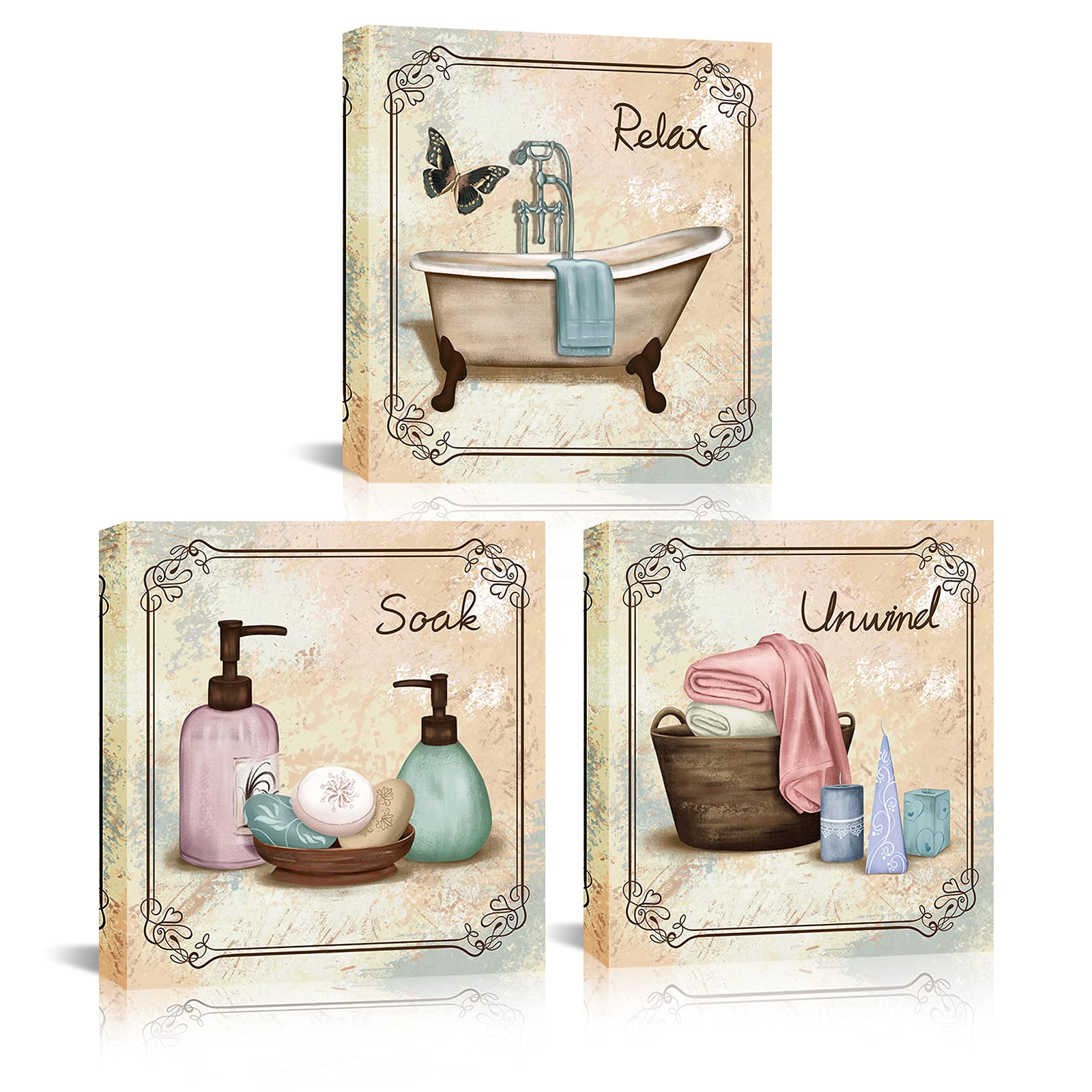 SkenoArt Bathroom Canvas Wall Art Relax Soak Unwind Quote Picture Print Vintage Paintings Posters Great Gift Home Artwork Framed Ready to Hang 12x12inchx3Pieces