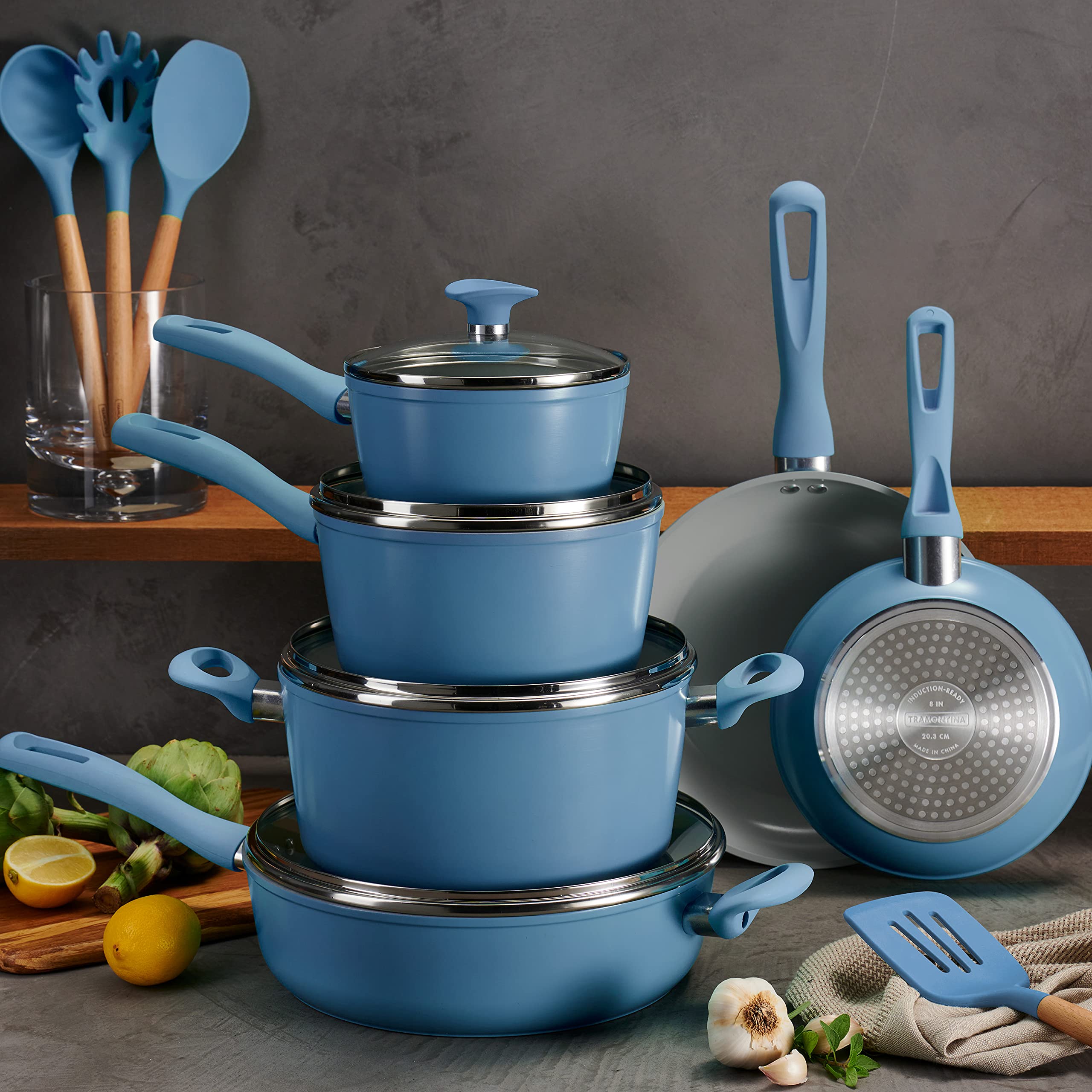 Tramontina 14-Piece Ceramic Cookware Set - Blue - Nonstick, Induction-Ready, Oven Safe, Dishwasher Safe, Includes Fry Pans, Sauté Pan, Sauce Pans, Dutch Oven, and Wooden Utensils, 80110/035DS