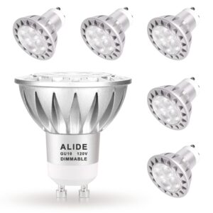 alide gu10 led light bulbs dimmable ac120v,25w 35w 50w halogen replacement,2700k warm white,mr16 gu10 dimmable 2 prong base 5w led track bulbs,450lm,38 degrees,6pack