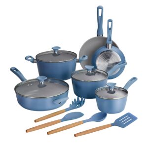 tramontina 14-piece ceramic cookware set - blue - nonstick, induction-ready, oven safe, dishwasher safe, includes fry pans, sauté pan, sauce pans, dutch oven, and wooden utensils, 80110/035ds