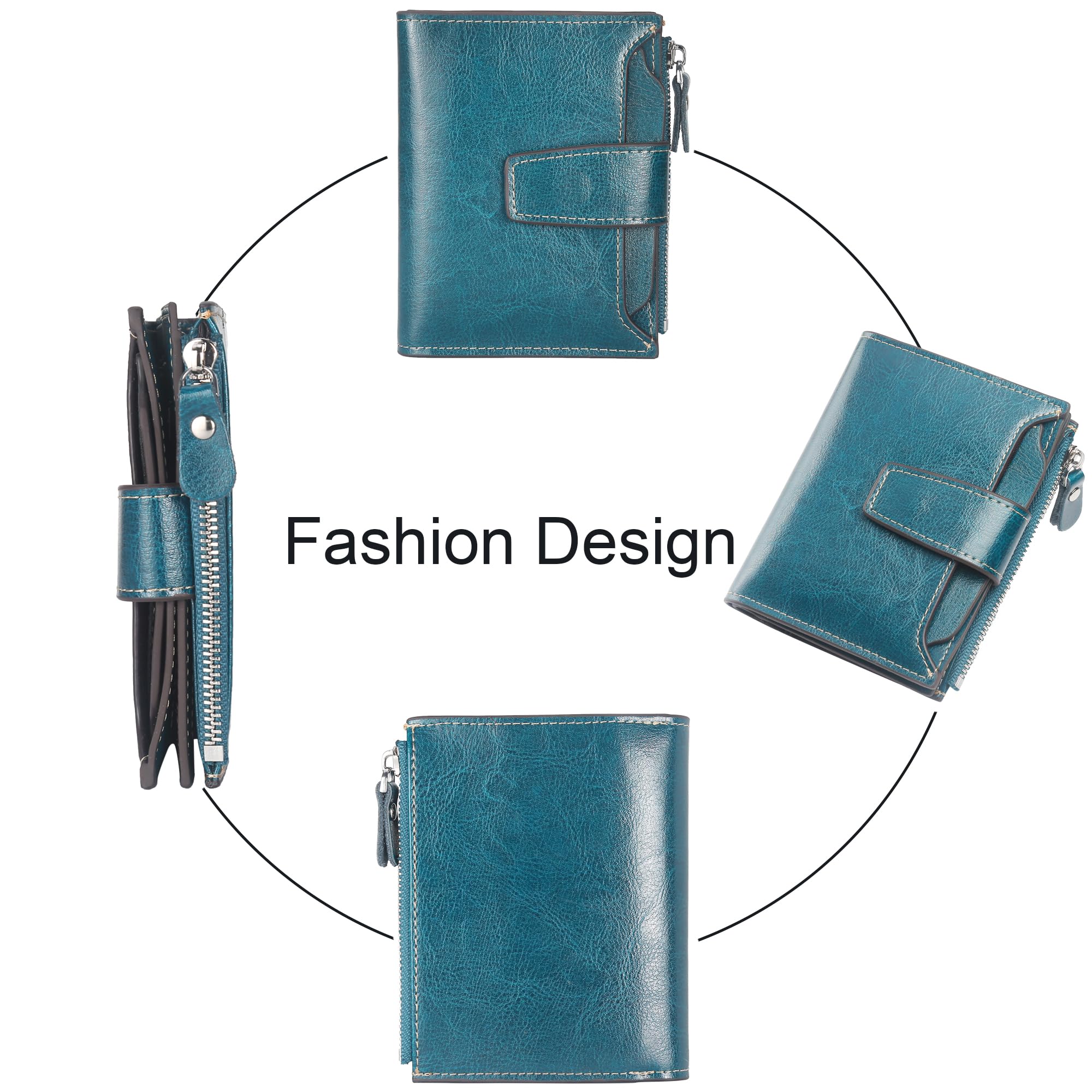 Lavemi Small Compact Women Wallet RFID Blocking Genuine Leather Bifold Purse with ID Windows(Peacock Green)