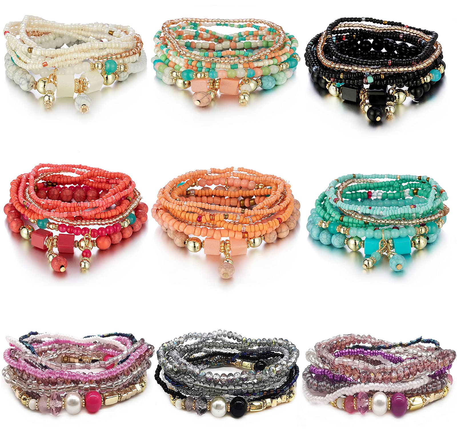 SAMOCO 9 Sets Bohemian Stackable Bead Bracelets for Women Stretch Multilayered Bracelet Set Multicolor Jewelry