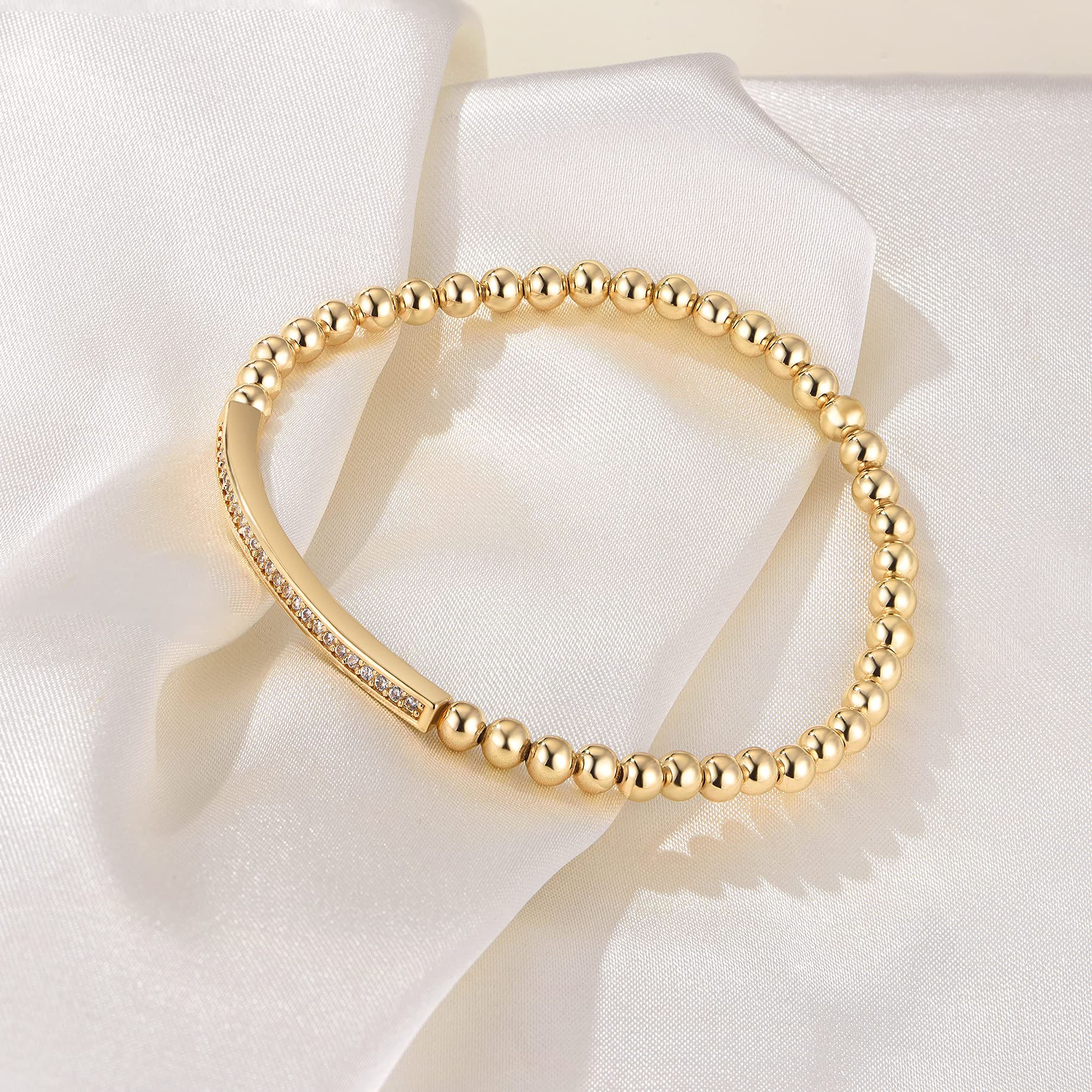 NUZON Gold Beaded Stretch Bracelets for Women 18K Gold Plated 4mm Round Ball Cubic Zirconia Curved Bar Elastic Bracelet Handmade Minimalist Jewelry