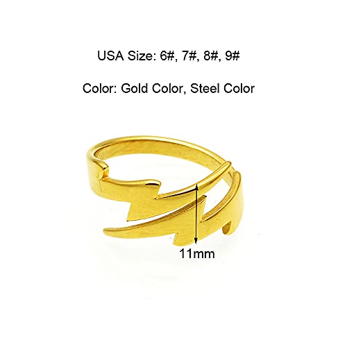 21 Holiday Double Lightning Stainless Steel Adjustable Open Rings for Women Men Fashion Asymmetric Wrap Engagement Promise Statement Finger Knuckle Boyfriend Girlfriend Son Daughter, Gold (4202)