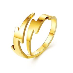 21 holiday double lightning stainless steel adjustable open rings for women men fashion asymmetric wrap engagement promise statement finger knuckle boyfriend girlfriend son daughter, gold (4202)