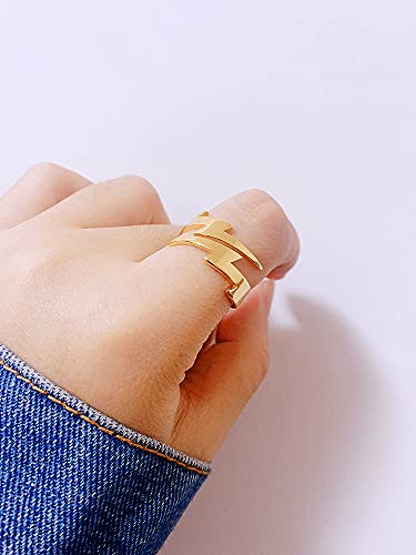 21 Holiday Double Lightning Stainless Steel Adjustable Open Rings for Women Men Fashion Asymmetric Wrap Engagement Promise Statement Finger Knuckle Boyfriend Girlfriend Son Daughter, Gold (4202)