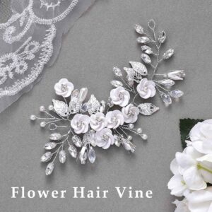 Latious Silver Flower Bride Wedding Hair Vine Crystal Bridal Hair Piece Rhinestone Hair Accessories Leaf Hair Jewelry for Women and Girls(5.5Inches) (A-Silver)