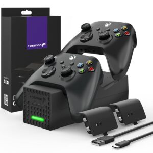 fosmon dual 2 controller charger compatible with xbox series x/s controllers (not for xbox one / 360), (two slot) high speed docking charging station with 2 rechargeable battery - black