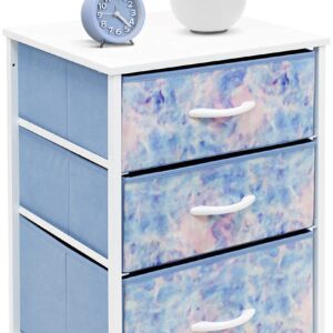 Sorbus Nightstand Storage Organizer with 3 Drawers - Kids Girls, Boys Bedroom Furniture Storage Chest for Clothes, Closet Organization - Steel Frame, Wood Top, Fabric Bin (Pastel Tie-dye Blue/Pink)