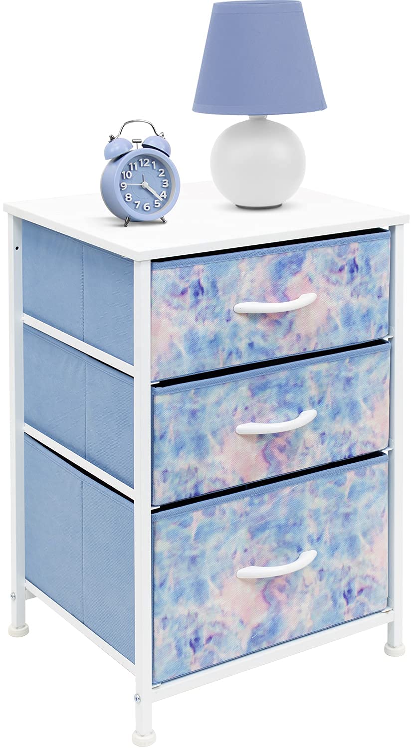 Sorbus Nightstand Storage Organizer with 3 Drawers - Kids Girls, Boys Bedroom Furniture Storage Chest for Clothes, Closet Organization - Steel Frame, Wood Top, Fabric Bin (Pastel Tie-dye Blue/Pink)