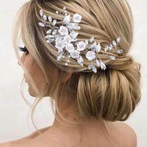 Latious Silver Flower Bride Wedding Hair Vine Crystal Bridal Hair Piece Rhinestone Hair Accessories Leaf Hair Jewelry for Women and Girls(5.5Inches) (A-Silver)