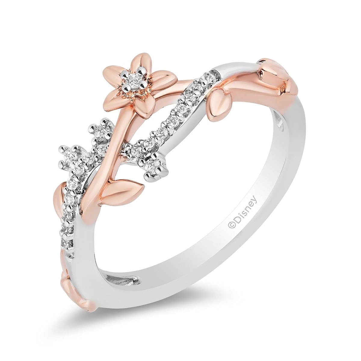 Jewelili Disney Princess Rapunzel Magical Flower Ring for Women with 1/10 Cttw Natural White Round Diamond in Sterling Silver and 10K Rose Gold, Size 5 Enchanted Disney Fine Jewelry