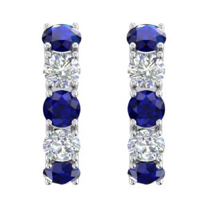 1.18 Carat Blue Sapphire & White Diamond Hoop Earrings in 14K White Gold (SI1-SI2 Clarity)