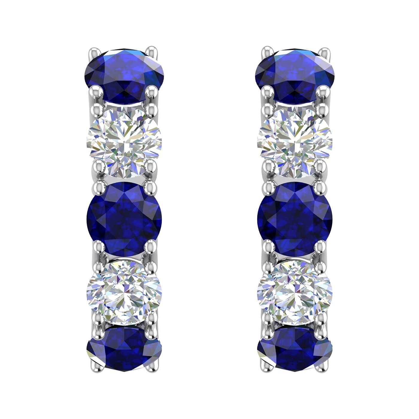 1.18 Carat Blue Sapphire & White Diamond Hoop Earrings in 14K White Gold (SI1-SI2 Clarity)