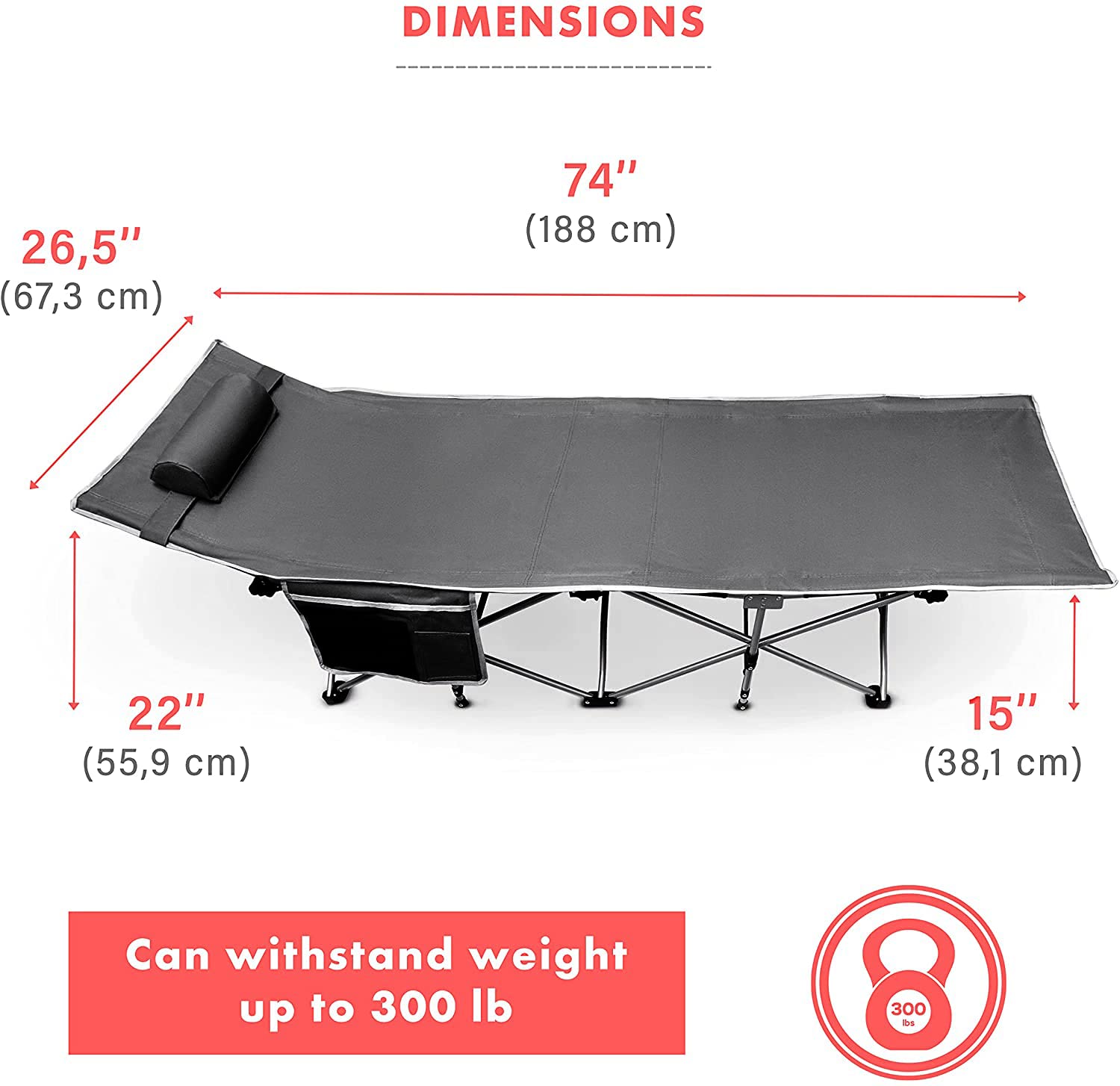 VaygWay Outdoor Folding Camping Travel Cot - Grey Lightweight Comfortable Portable Heavy Duty Foldable Cot – Sleeping Travel Bed w/Pocket - Adults and Kids Travel Cot –Outdoor Hiking, (Grey 1 Pack)