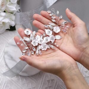 Latious Silver Flower Bride Wedding Hair Vine Crystal Bridal Hair Piece Rhinestone Hair Accessories Leaf Hair Jewelry for Women and Girls(5.5Inches) (A-Silver)