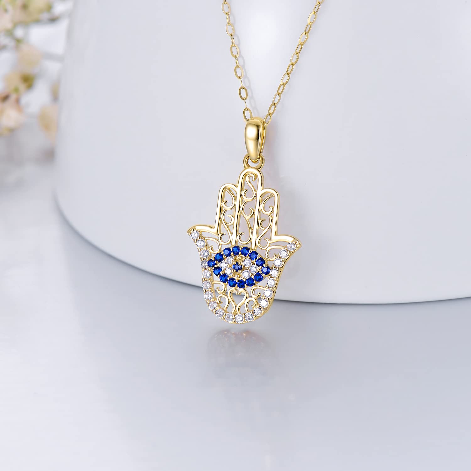 SISGEM Solid 14K Gold Evil Eye Necklace, Real Gold Fatima Hamsa Hand Charm Pendant Necklace Fine Jewelry Anniversary Birthday Gifts for Her, Wife, Mom, Girlfriend,16''+2''