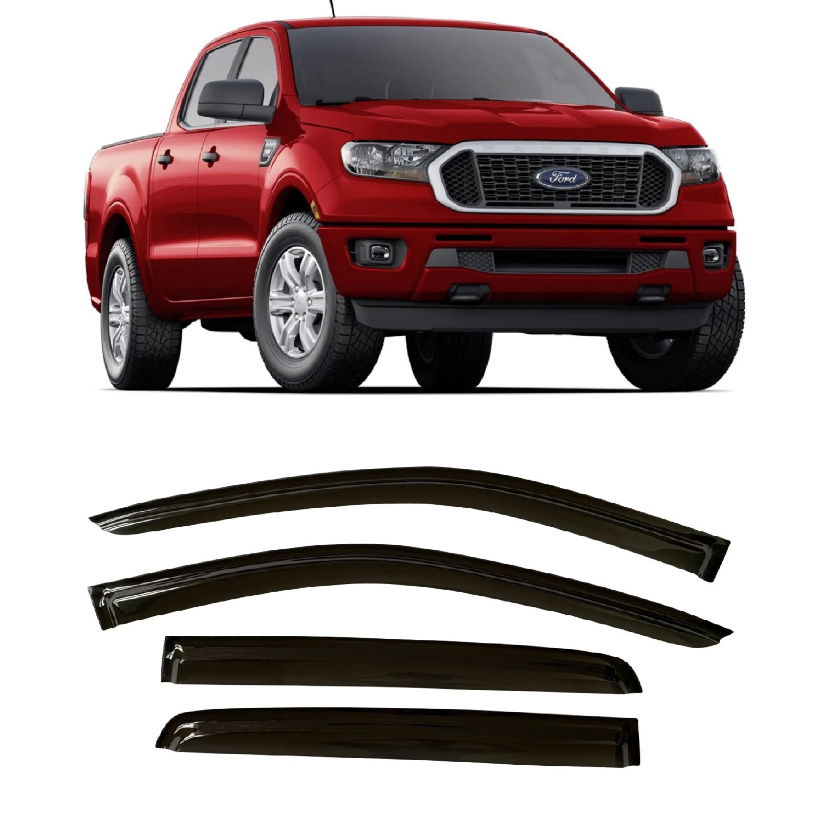 2019-2023 Tape-On Side Window Visor Deflectors Compatible with Ford Ranger SuperCrew XL XLT Lariat Smoke Tinted Rain Guards 2020 2021 2022