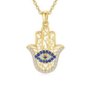 sisgem solid 14k gold evil eye necklace, real gold fatima hamsa hand charm pendant necklace fine jewelry anniversary birthday gifts for her, wife, mom, girlfriend,16''+2''