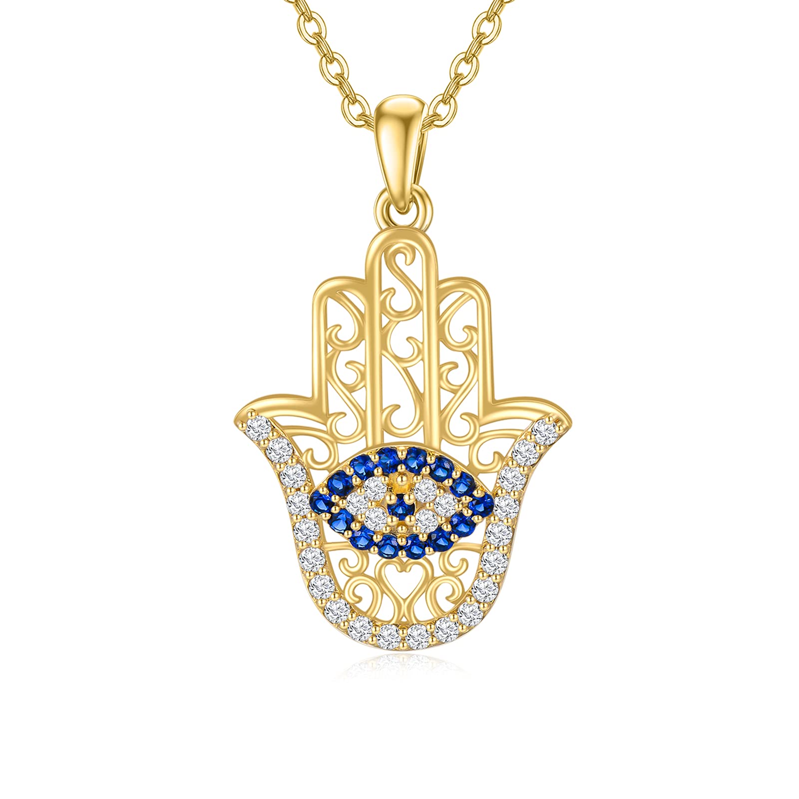 SISGEM Solid 14K Gold Evil Eye Necklace, Real Gold Fatima Hamsa Hand Charm Pendant Necklace Fine Jewelry Anniversary Birthday Gifts for Her, Wife, Mom, Girlfriend,16''+2''