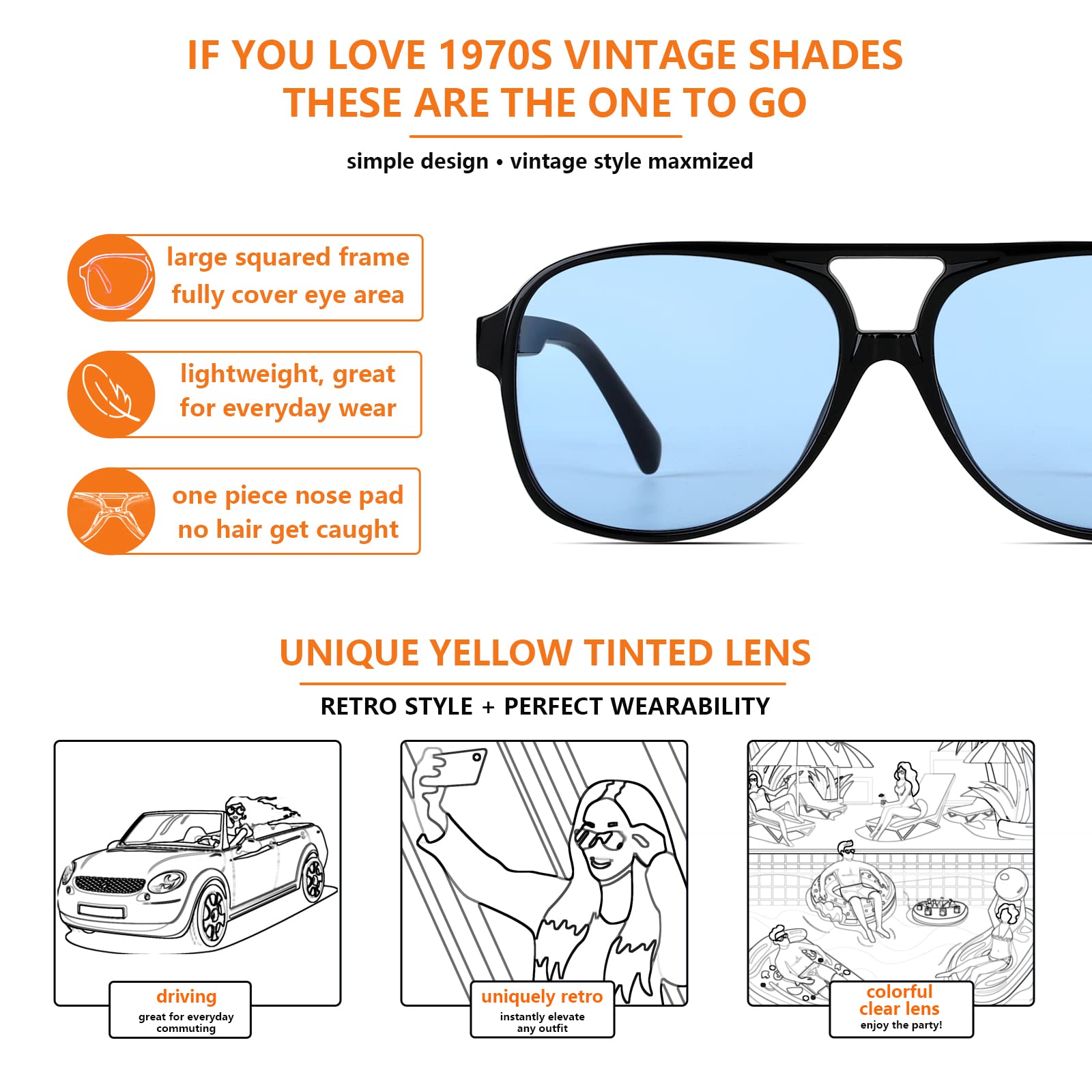 Xpectrum Big 70s Retro Clear Yellow Sunglasses for Men Women Vintage Trendy Sun Glasses (Blue/Black)