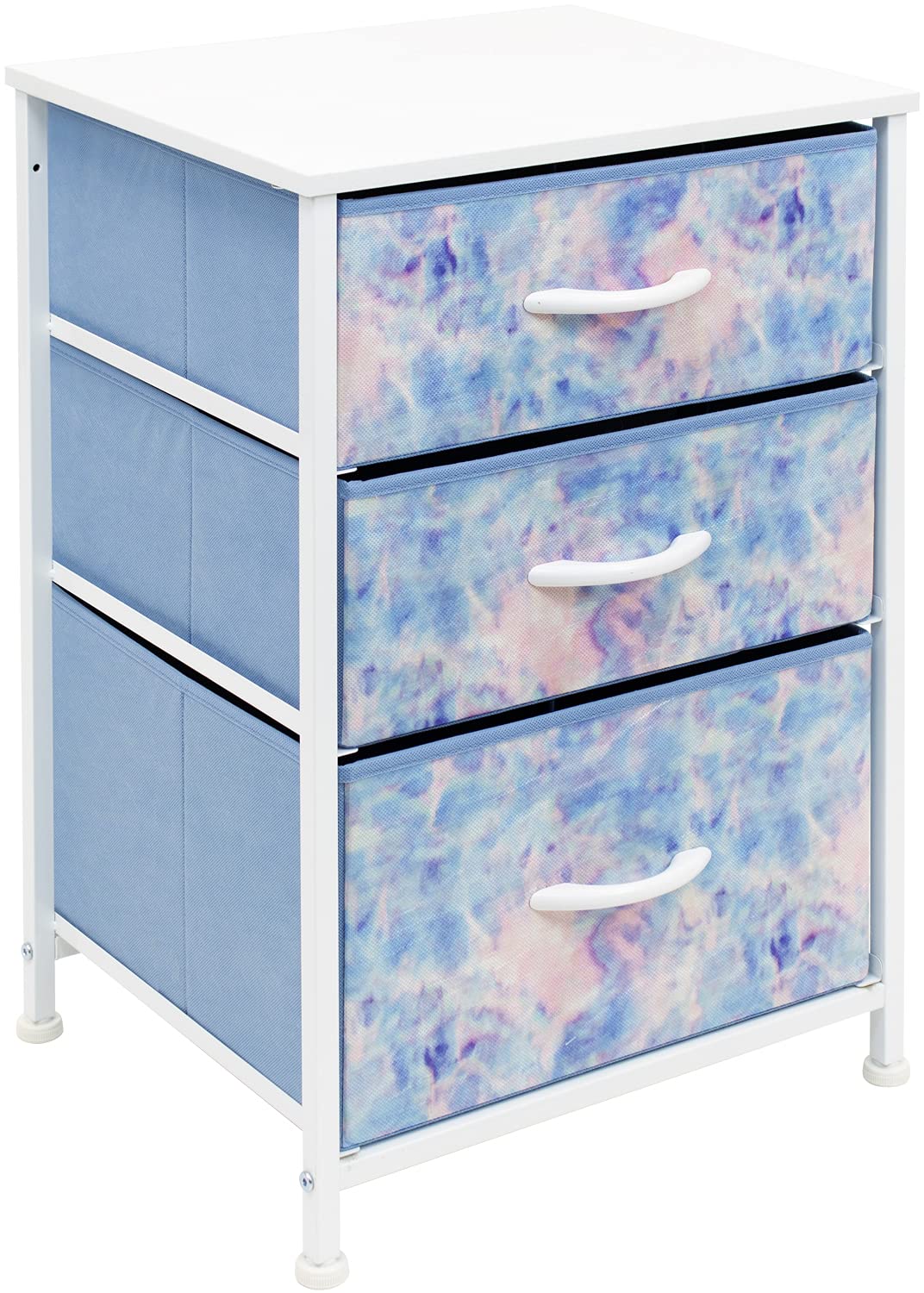 Sorbus Nightstand Storage Organizer with 3 Drawers - Kids Girls, Boys Bedroom Furniture Storage Chest for Clothes, Closet Organization - Steel Frame, Wood Top, Fabric Bin (Pastel Tie-dye Blue/Pink)