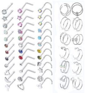 n/d 20g 60 pcs nose rings for women hoop l shape nose studs for men stainless steel nose screw bone flat top diamond opal heart high nostril piercing jewelry