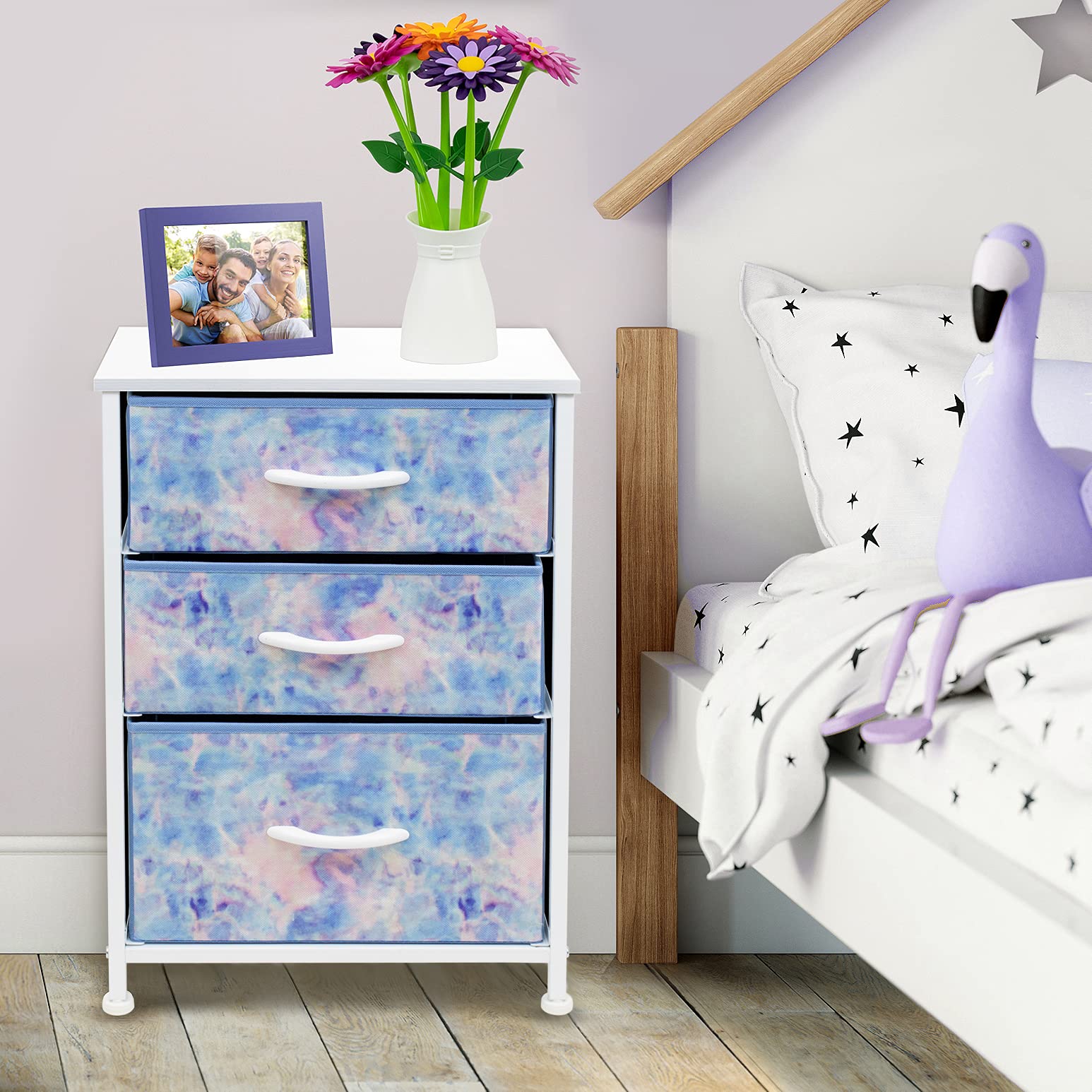 Sorbus Nightstand Storage Organizer with 3 Drawers - Kids Girls, Boys Bedroom Furniture Storage Chest for Clothes, Closet Organization - Steel Frame, Wood Top, Fabric Bin (Pastel Tie-dye Blue/Pink)