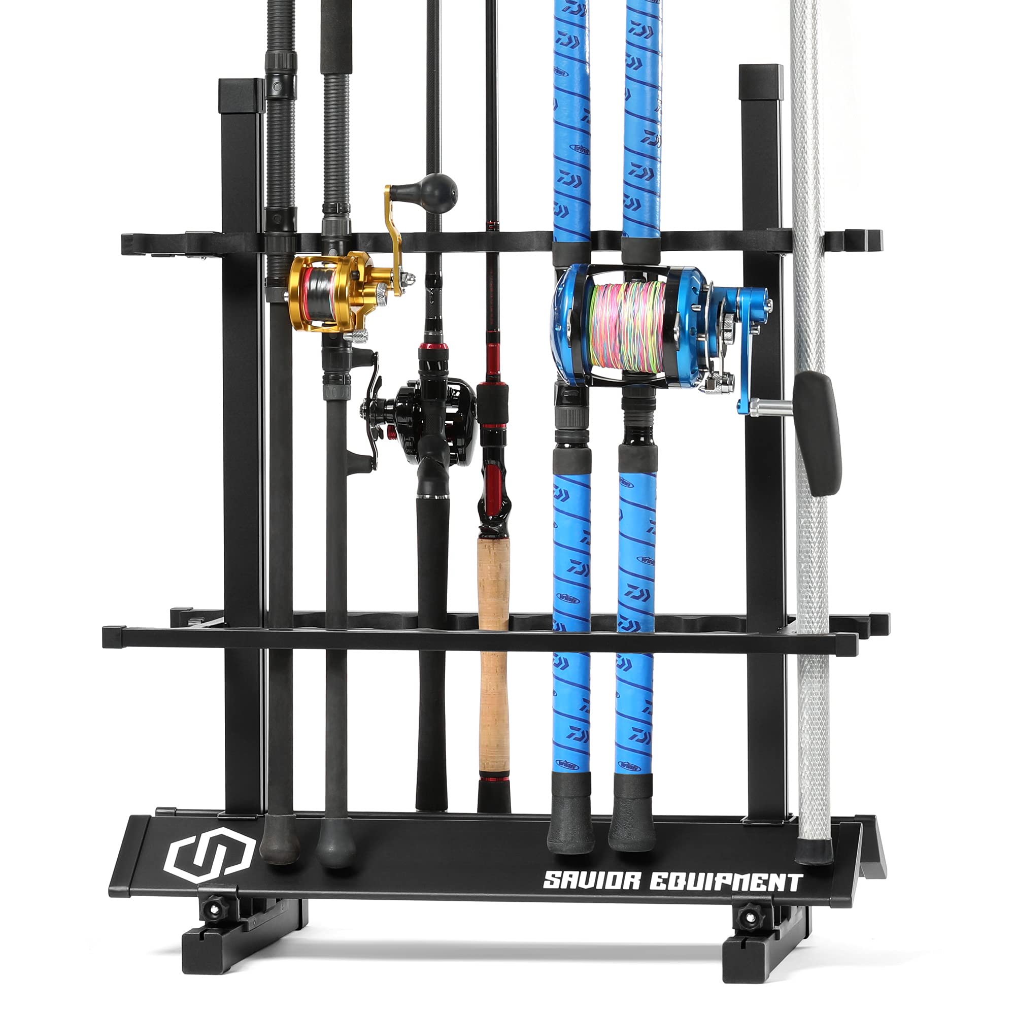 Savior Equipment Fishing Rod Rack Holder Organizer, Lightweight Aluminum Vertical Fish Pole Garage Storage Ground Display Stand, Hold Up to 24 Slots Fresh Salt Water Spinning Rods & Reel Combo, Black